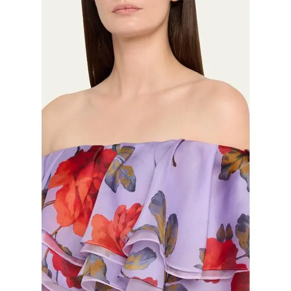 Carolina Herrera Rose Chiffon Off-the-shoulder Ruffle Top