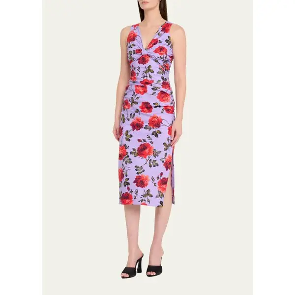 Carolina Herrera Rose-print Gathered Silk Sleeveless Dress