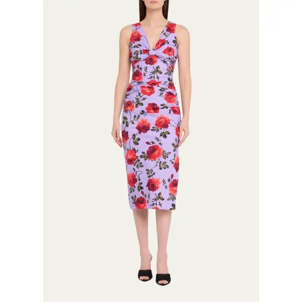 Carolina Herrera Rose-print Gathered Silk Sleeveless Dress
