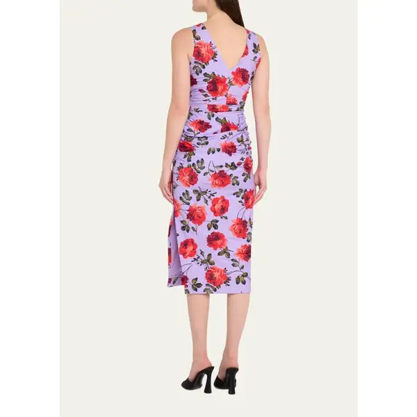 Carolina Herrera Rose-print Gathered Silk Sleeveless Dress