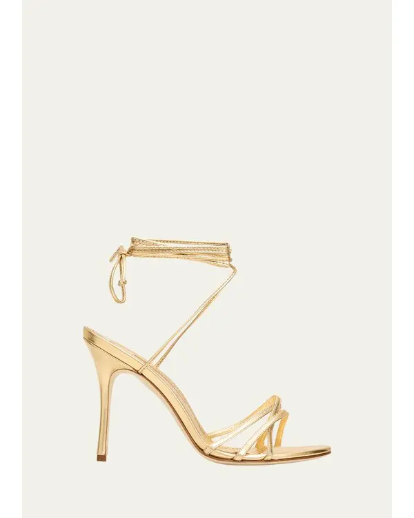 Manolo Blahnik 105mm Leva Metallic Leather Ankle-tie Sandals - Gold