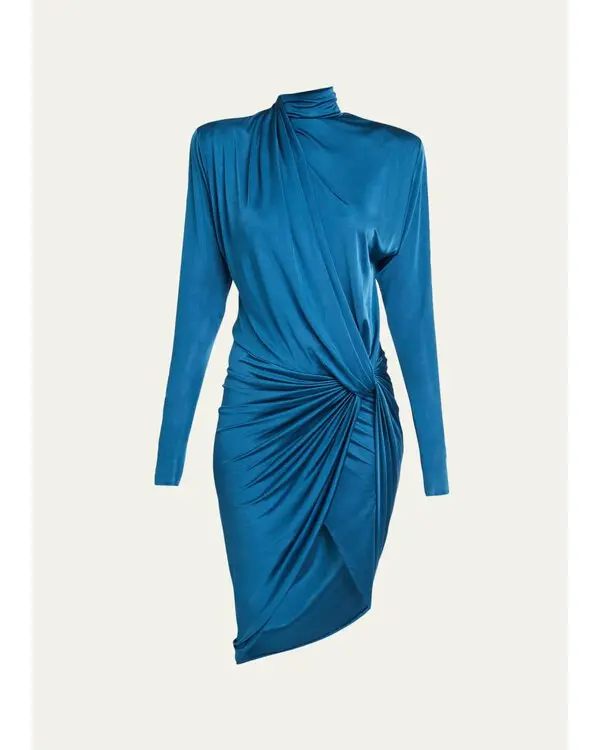Balmain Strong-shoulder Draped Jersey Long-sleeve Dress - Blue