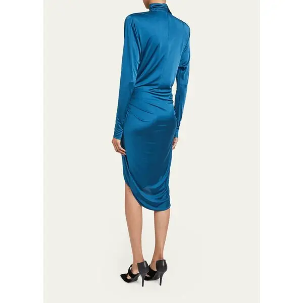 Balmain Strong-shoulder Draped Jersey Long-sleeve Dress