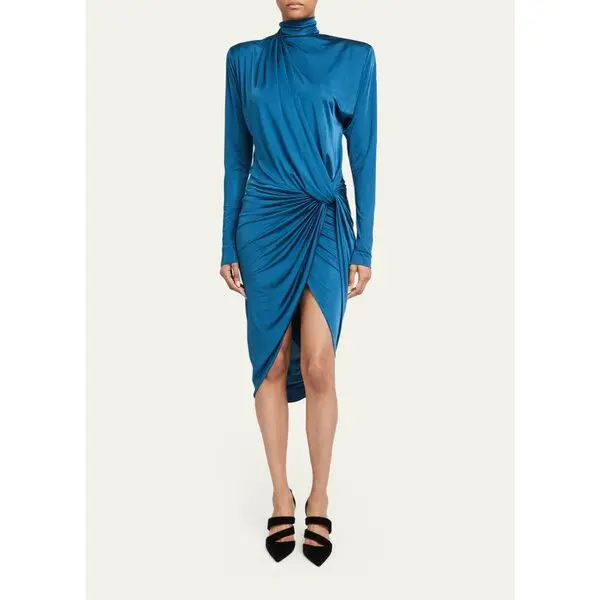 Balmain Strong-shoulder Draped Jersey Long-sleeve Dress