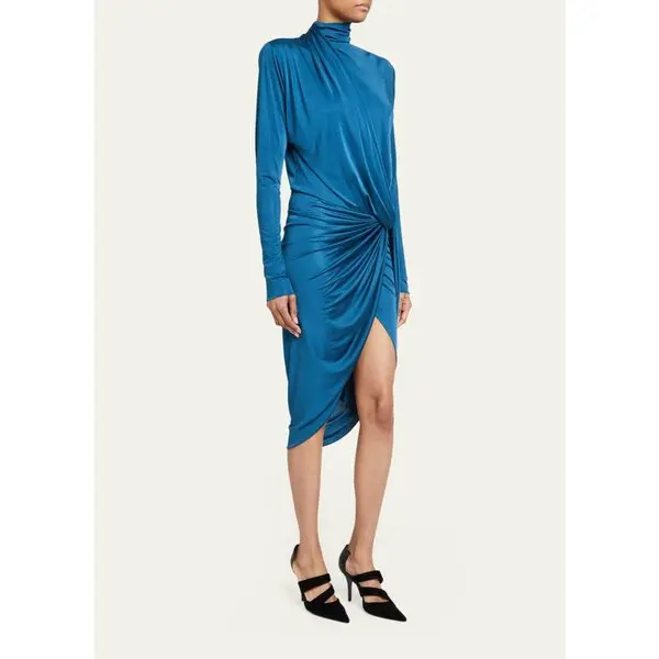 Balmain Strong-shoulder Draped Jersey Long-sleeve Dress