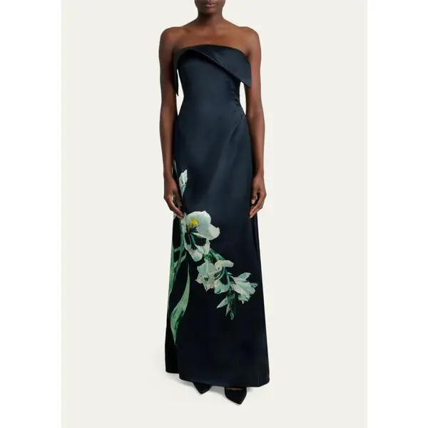 Erdem Floral Duchess Satin Strapless Gown