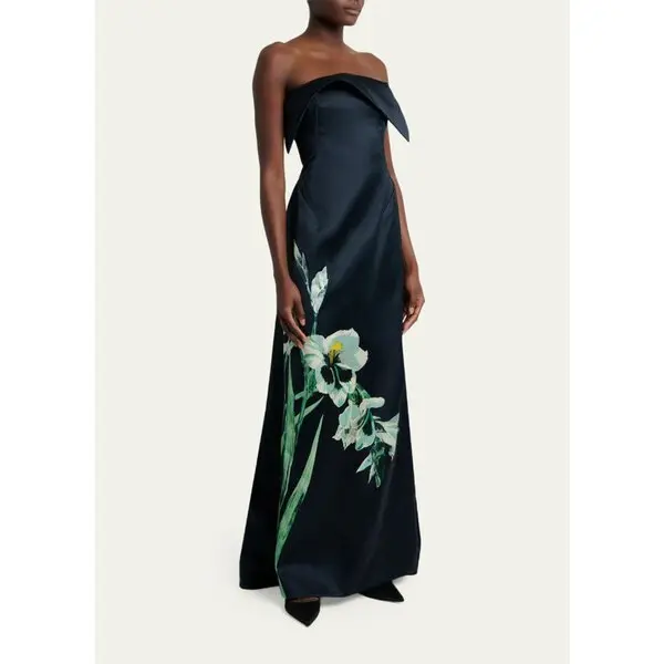 Erdem Floral Duchess Satin Strapless Gown