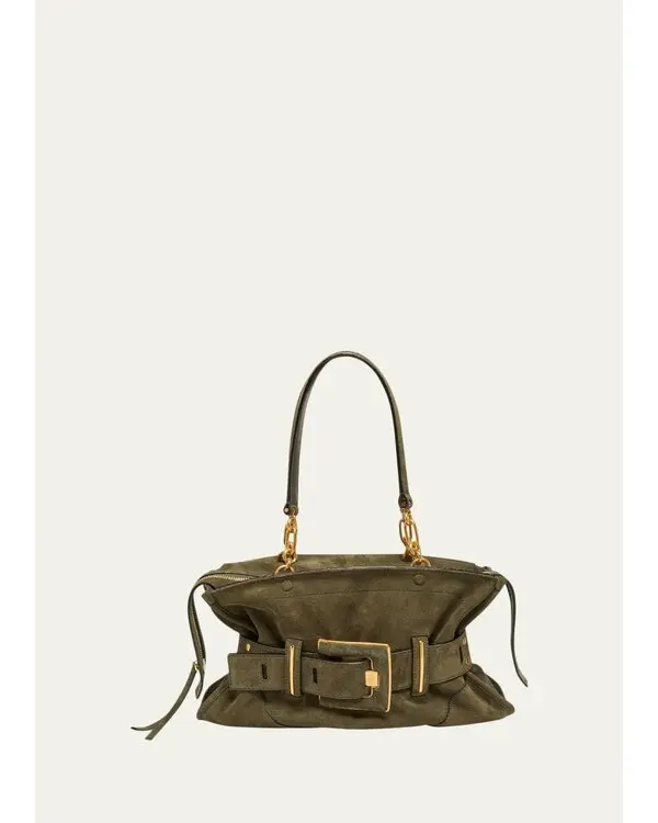Balmain Anthem Belted Shoulder Bag In Suede - Khaki