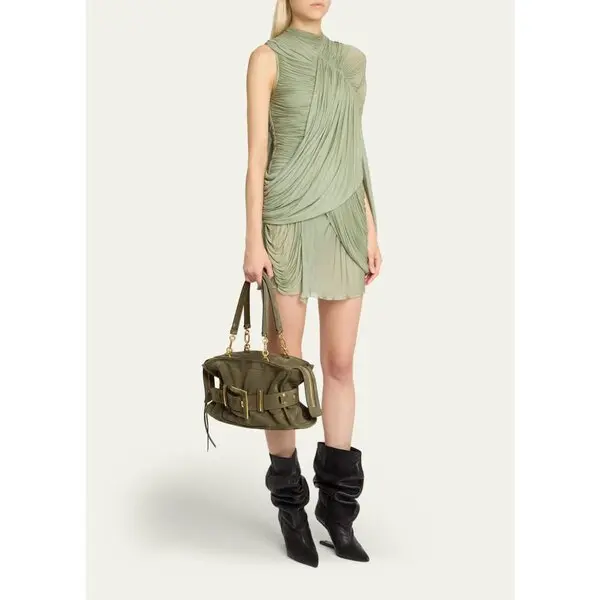 Balmain Anthem Belted Shoulder Bag In Suede - Khaki