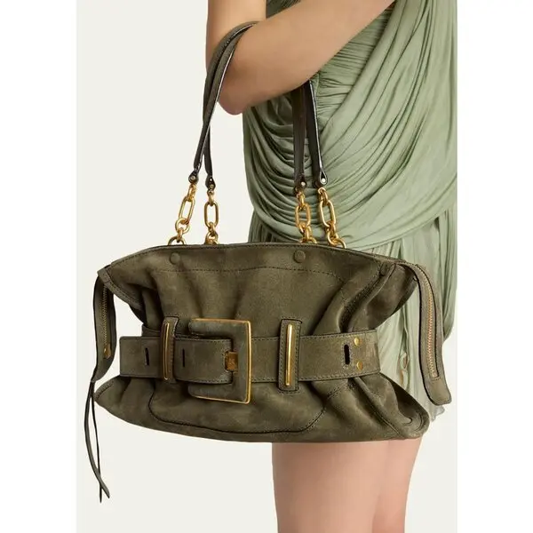Balmain Anthem Belted Shoulder Bag In Suede - Khaki