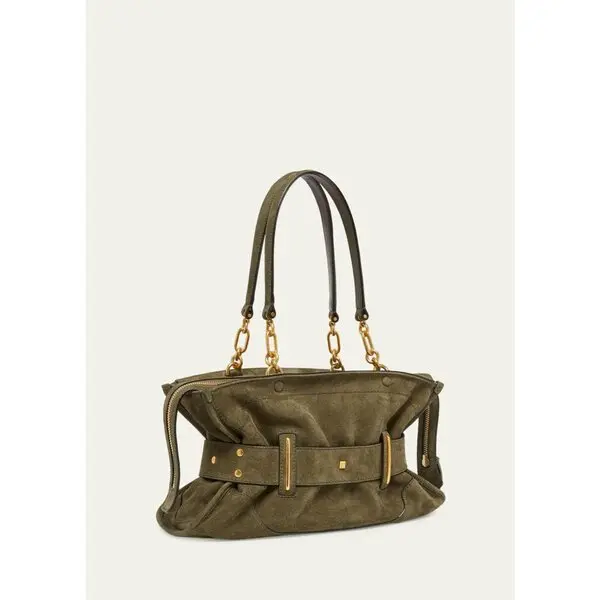 Balmain Anthem Belted Shoulder Bag In Suede - Khaki