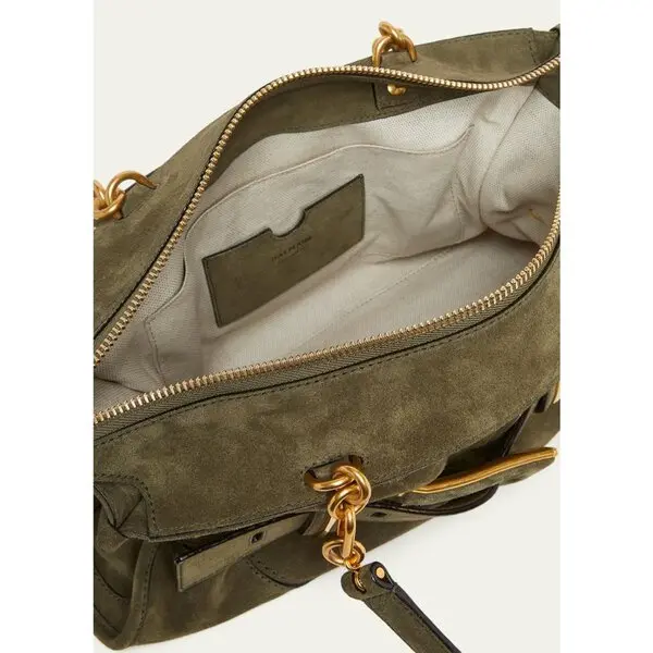 Balmain Anthem Belted Shoulder Bag In Suede - Khaki