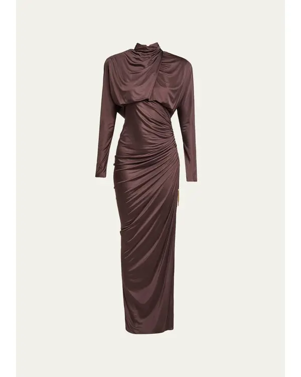 Balmain Strong-shoulder Jersey Ruched Slit Maxi Dress - Brown