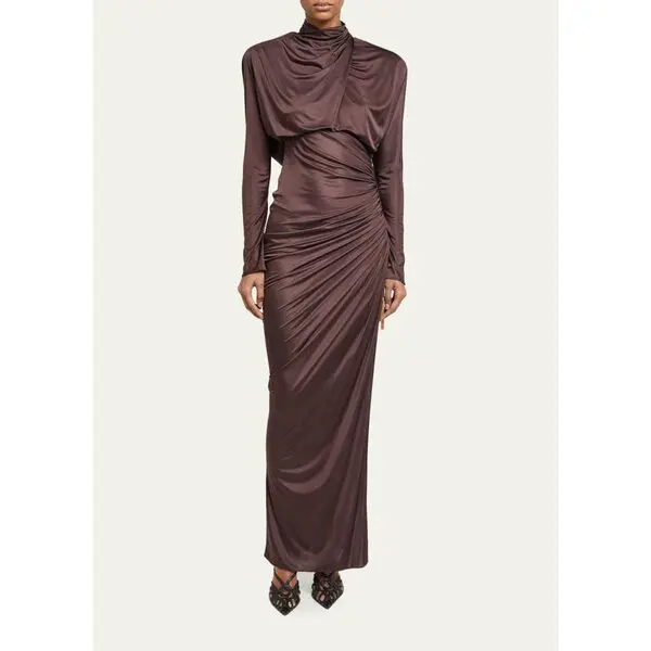 Balmain Strong-shoulder Jersey Ruched Slit Maxi Dress