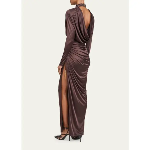 Balmain Strong-shoulder Jersey Ruched Slit Maxi Dress