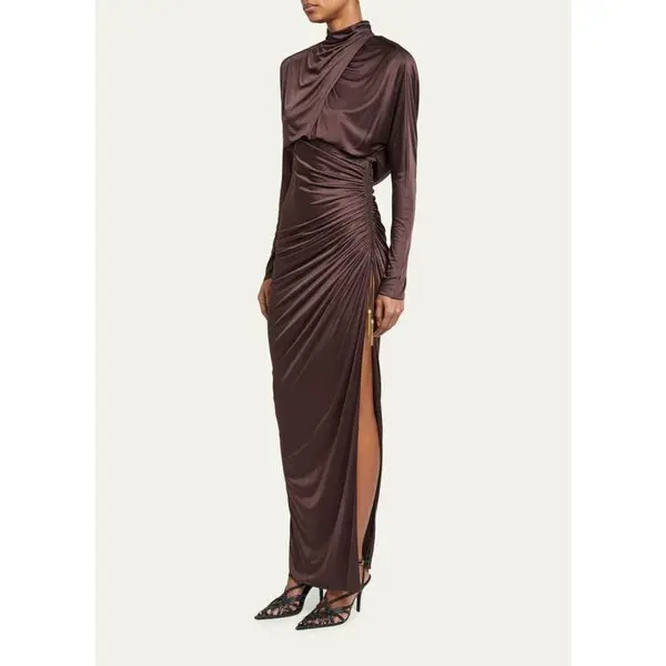 Balmain Strong-shoulder Jersey Ruched Slit Maxi Dress