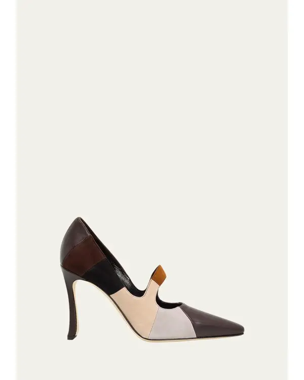 Manolo Blahnik 105mm Difusa Colorblock Mixed Leather Pumps - Brown Multi