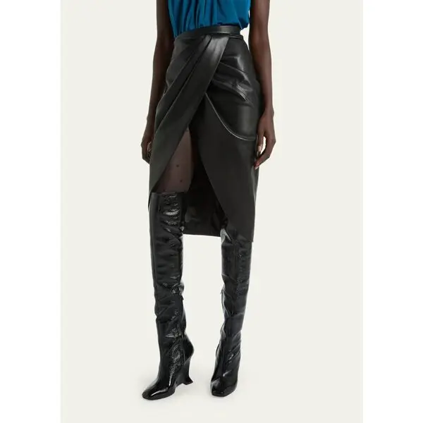 Balmain High-waist Draped Lambskin Midi Skirt