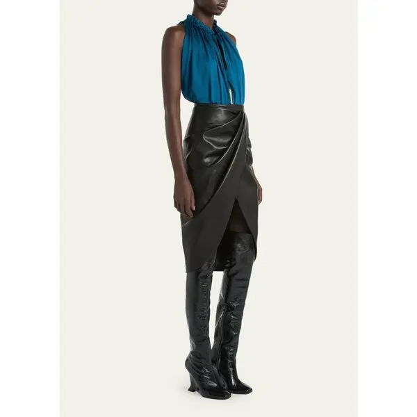 Balmain High-waist Draped Lambskin Midi Skirt