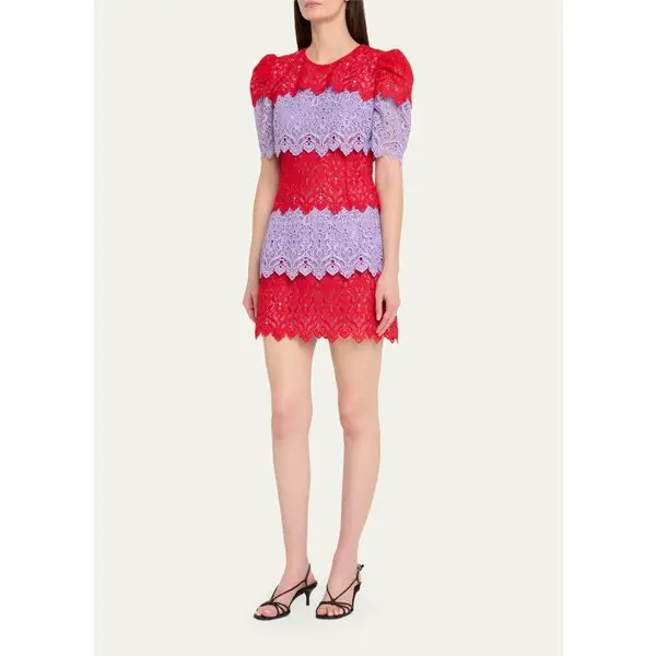 Carolina Herrera Tiered Colorblock Lace Short-sleeve Mini Dress