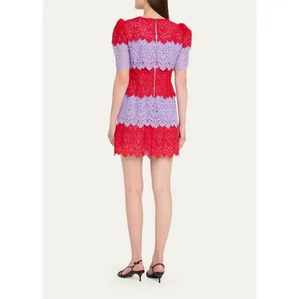 Carolina Herrera Tiered Colorblock Lace Short-sleeve Mini Dress
