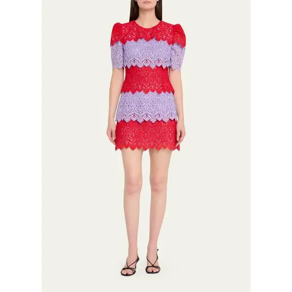 Carolina Herrera Tiered Colorblock Lace Short-sleeve Mini Dress