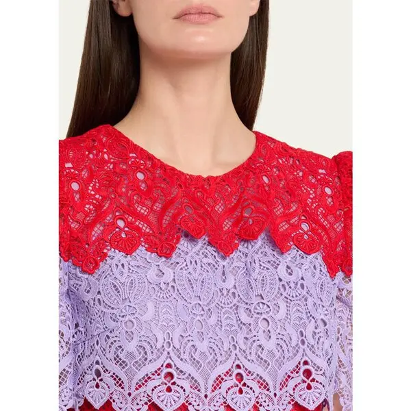 Carolina Herrera Tiered Colorblock Lace Short-sleeve Mini Dress