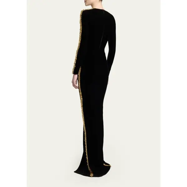 Balmain Long-sleeve Beaded Velvet Maxi Dress