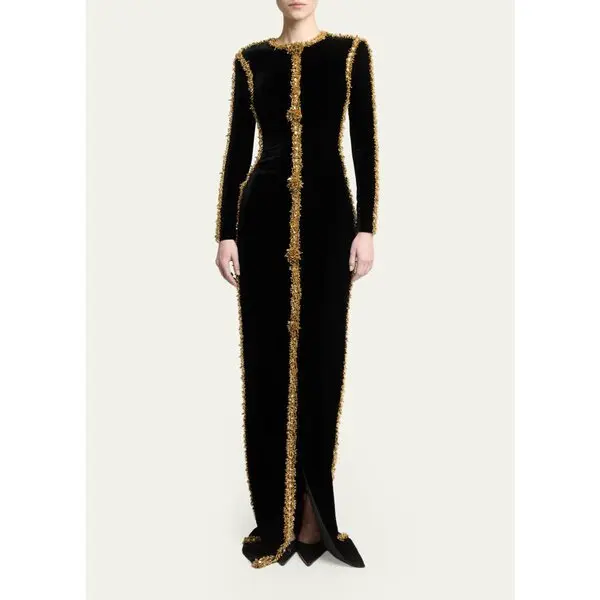 Balmain Long-sleeve Beaded Velvet Maxi Dress