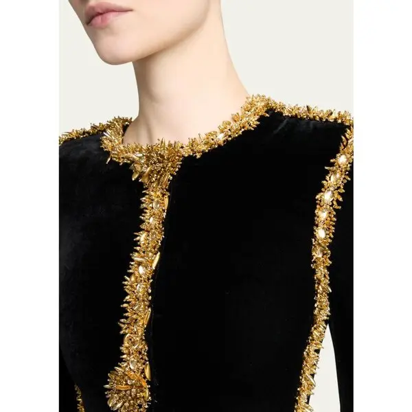 Balmain Long-sleeve Beaded Velvet Maxi Dress