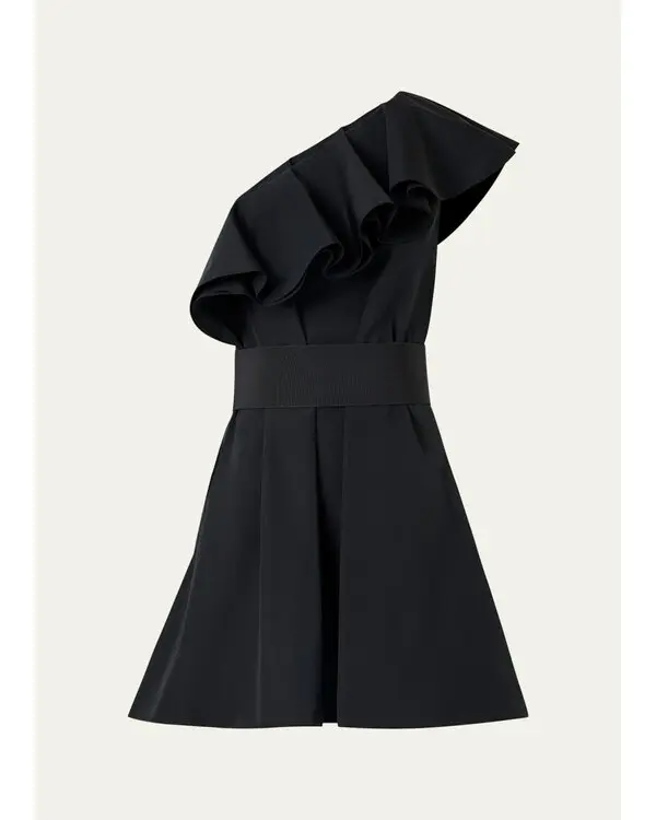 Akris Ruffle One-shoulder Belted Mini Dress - Black