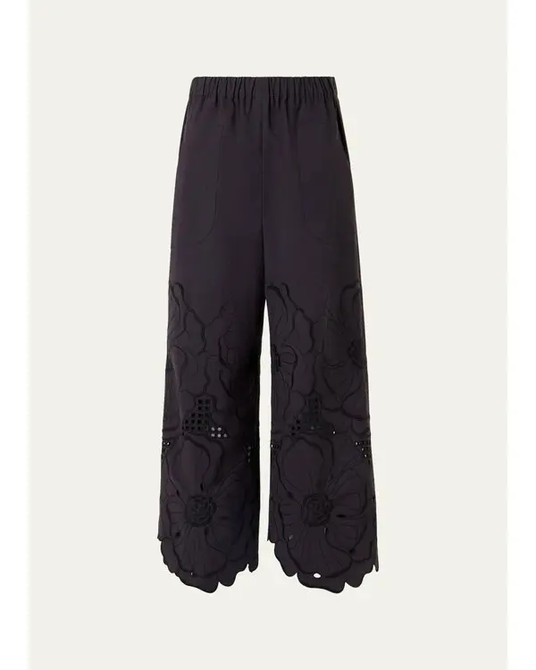 Akris Frey Flower Eyelet Pants In Cotton Poplin - Black