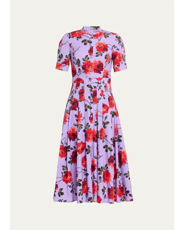 Carolina Herrera Carnation-print Short-sleeve Pleated Midi Shirtdress - Violet
