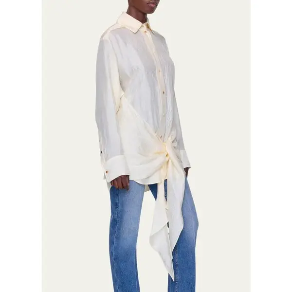 Ossou Arroya Tie-front Crinkled Satin Shirt - Ecru