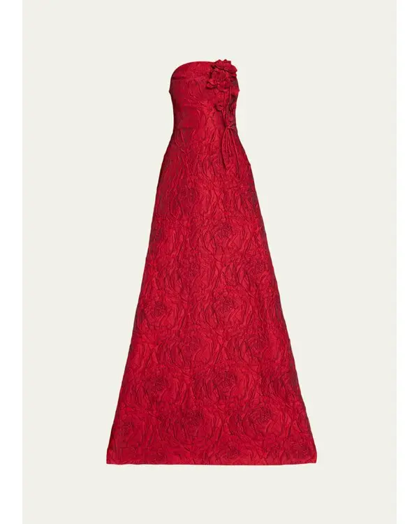 Rickie Freeman For Teri Jon Strapless Floral Jacquard A-line Gown - Red