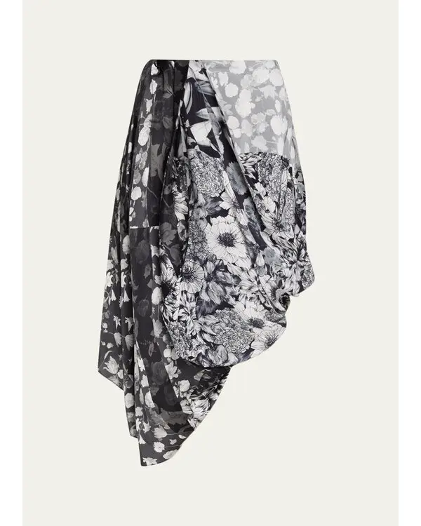 MAISON MARGIELA Draped Floral Silk Midi Skirt - Black Combo