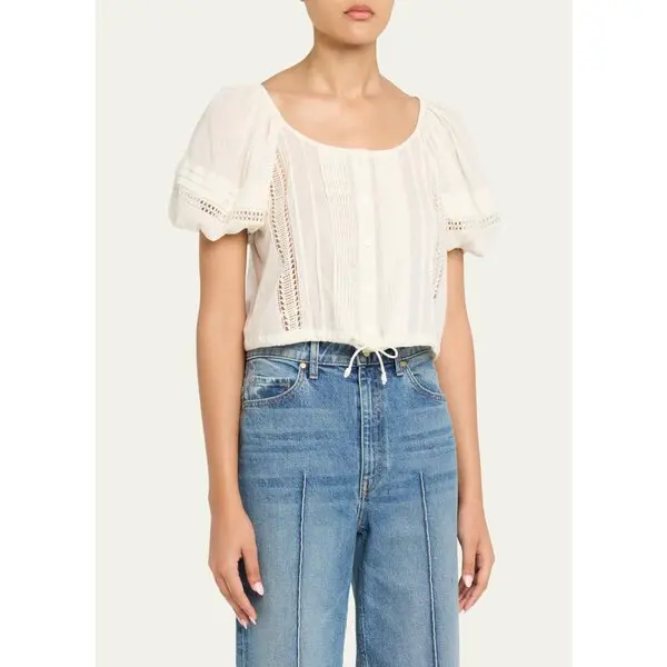 Ulla Johnson Clara Embroidered Short-sleeve Cotton Blouse - Pristine