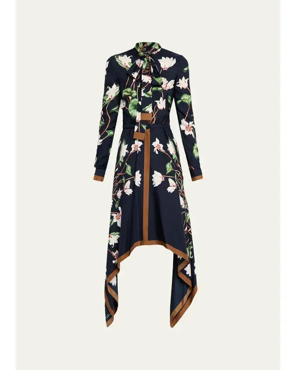 Oscar De La Renta Long-sleeve Chine Cycla Silk Twill Handkerchief Dress - Navy Multi