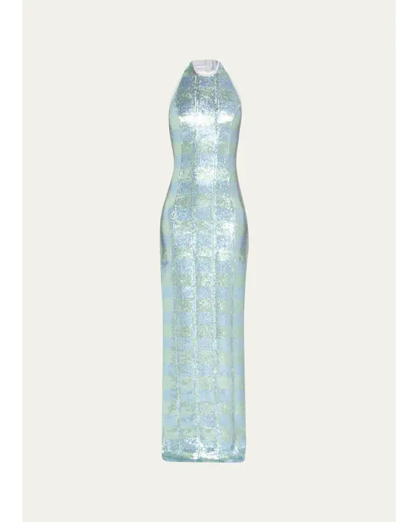 MARKARIAN Nerine Gingham Sequined Halter Column Gown