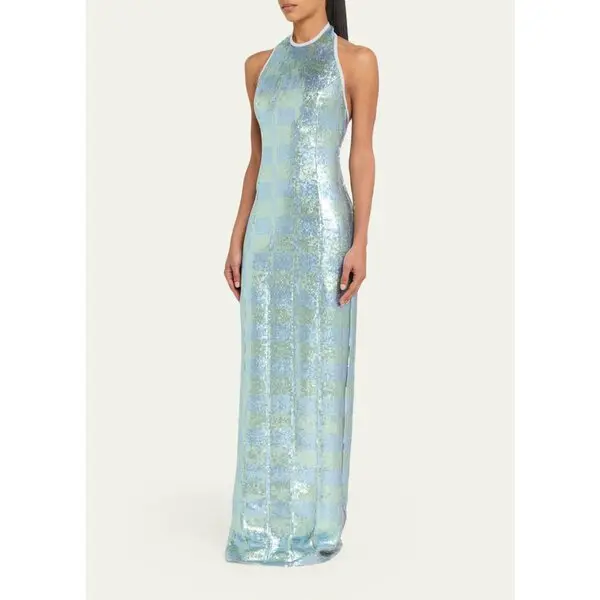 MARKARIAN Nerine Gingham Sequined Halter Column Gown