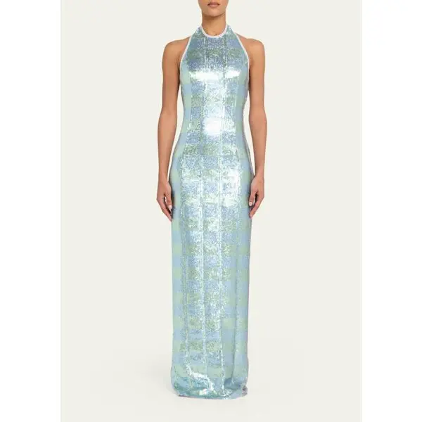 MARKARIAN Nerine Gingham Sequined Halter Column Gown