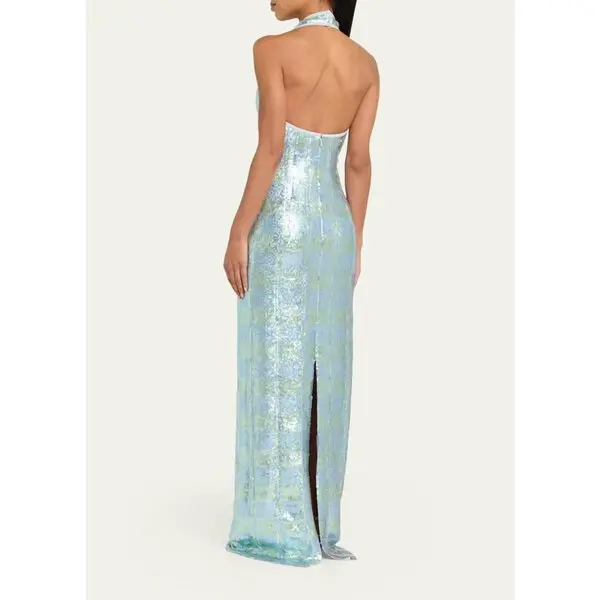 MARKARIAN Nerine Gingham Sequined Halter Column Gown