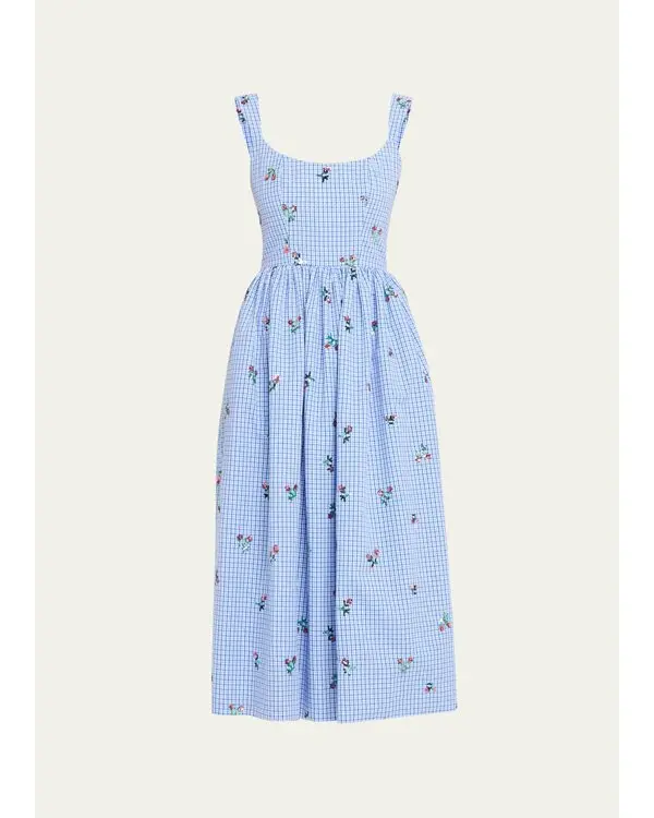 MARKARIAN Nara Sequin Embroidered Check Fit-and-flare Midi Dress - Blue Gingham