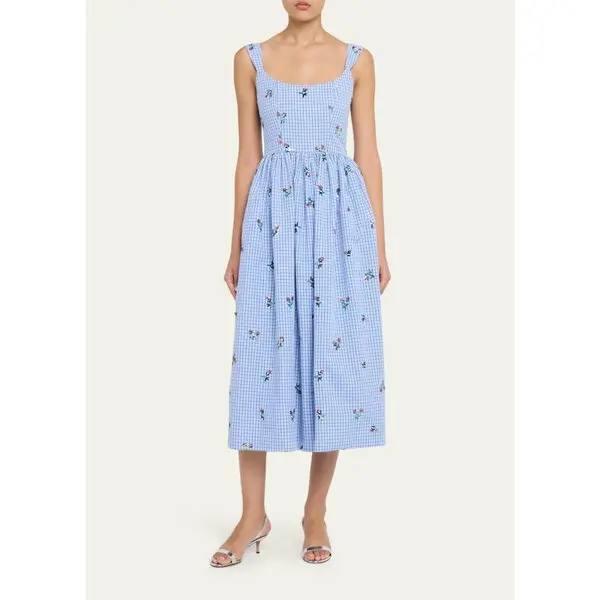 MARKARIAN Nara Sequin Embroidered Check Fit-and-flare Midi Dress