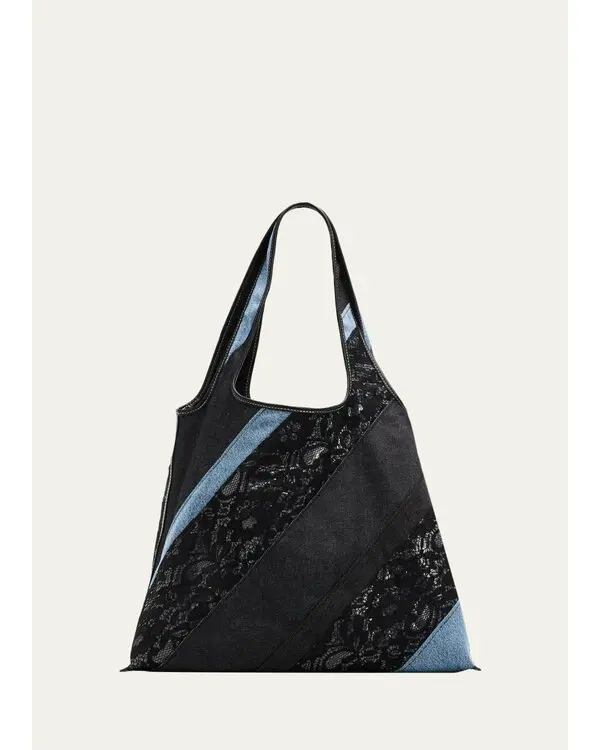 3.1 Phillip Lim Patchwork Lace & Denim Market Tote Bag