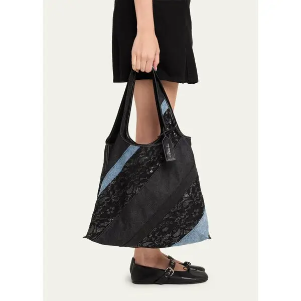 3.1 Phillip Lim Patchwork Lace & Denim Market Tote Bag