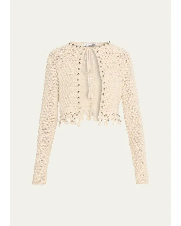Rabanne Textured Knit Neck-tie Crop Cardigan - Ecru Fluff