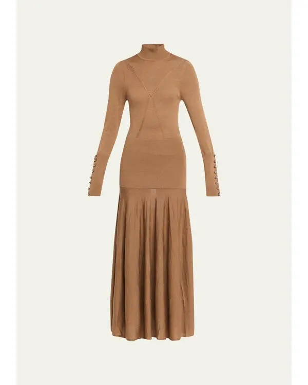 Rabanne Turtleneck Wool-silk Knit Drop-waist Maxi Dress - Camel