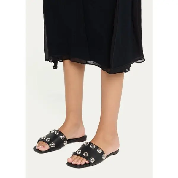 LOEFFLER RANDALL Hayes Studded Leather Flat Slide Sandals - Black/silver