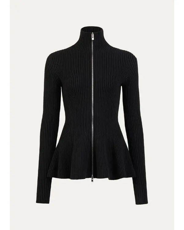 Alaïa Wool-blend Rib Peplum Zip Cardigan - Noir